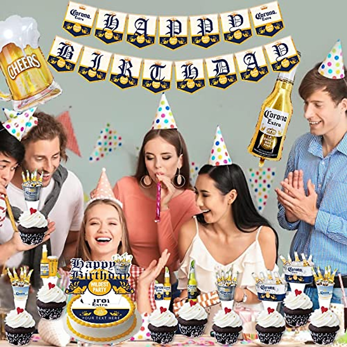 Drivoat 34 Pcs Corona Beer Themed Party, Birthday Party Balloon Decorations, Include Cupcake Decoration , Happy Banner, Aluminum Film latex suit (golden)