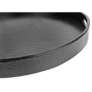 HofferRuffer Extra Large Round Serving Tray, Elegant Faux Leather Circle Ottoman Table Tray with Handles, Serve Tea, Coffee or Breakfast in Bed, Diameter 23.6 x 2.4 inches Height (Black)