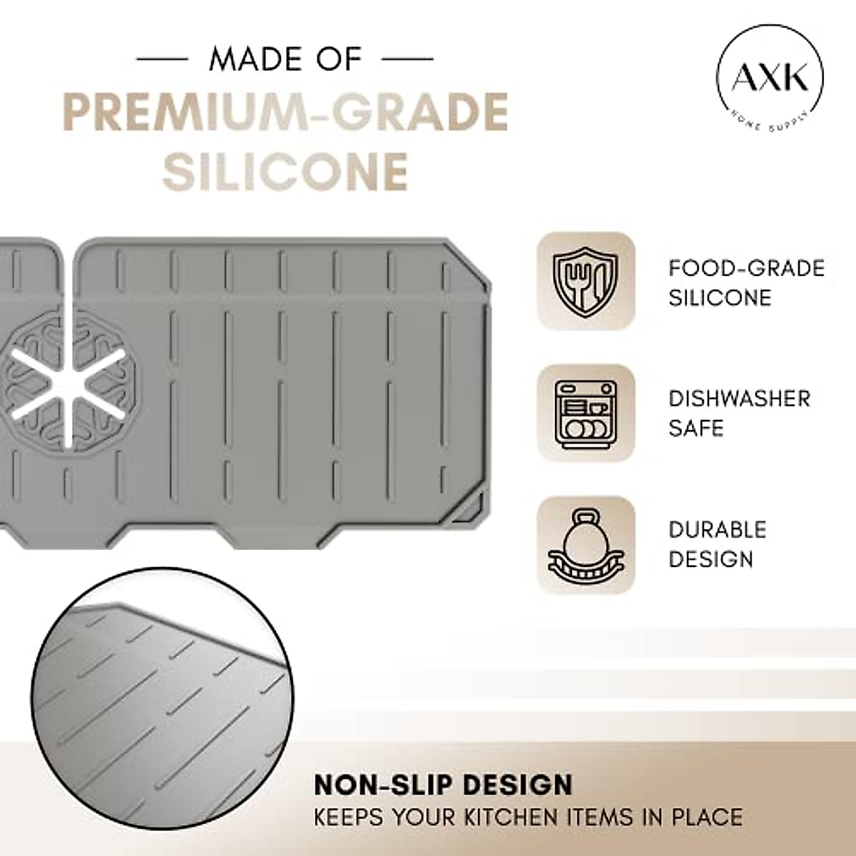 AXK Home Supply Silicone Sink Faucet Mat Splash Protector, Splash Guard, Perfect For Narrow Faucets,Protects Counter From Standing Water-Washable-Kitchen-Bathroom-RV-Laundry-Office(Gray)