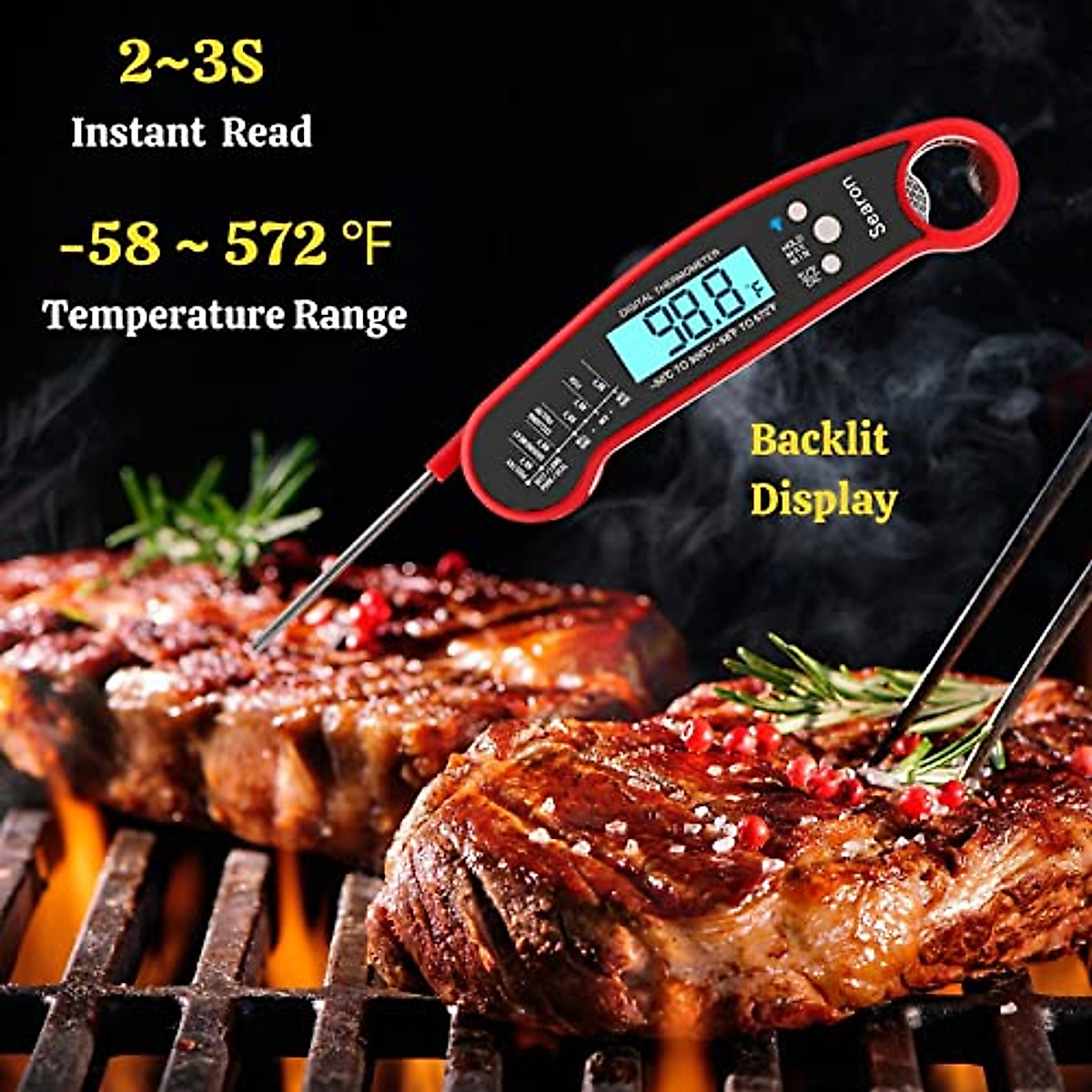 Searon Meat Thermometer for Cooking - FT002R Instant Read Food Thermometer for Kitchen BBQ Grilling Smoker Baking Turkey. (Red + Black)