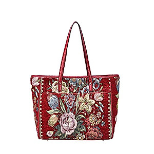 Mellow World Flower Shop Embroidered Hand Beaded Detailed Vintage Tapestry Tote Handbag For Women, Red