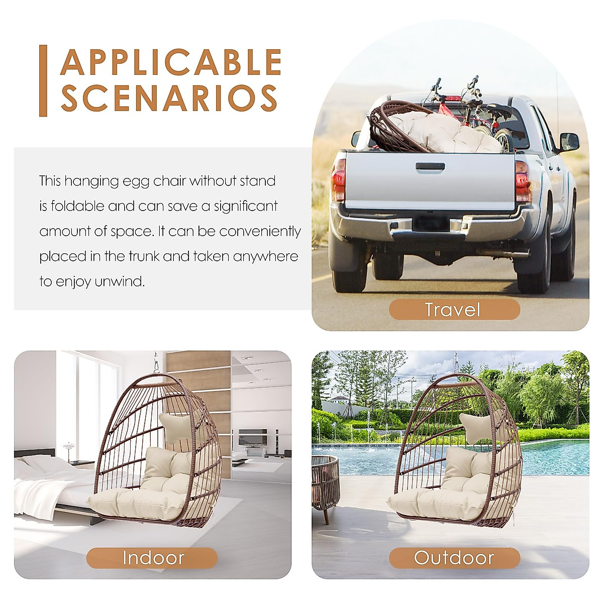 Nicesoul Outdoor Hanging Egg Chair Without Stand, Patio Wicker Swing Egg Basket Chairs with Padded Cushions, Ceiling Tree Swinging Egg-Shaped Chair No Stand for Indoor Bedroom Balcony Porch, Brown