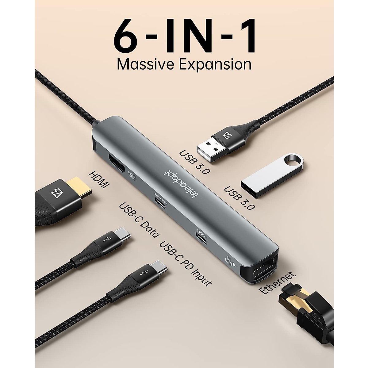 Teleadapt USB Type C Hub, 6-in-1 USB C HDMI Adapter with Ethernet, 5Gbps USB Type-C Data, 2 USB 3.0, USB Hub Power Delivery 100W Ideal for MacBook Pro/Air, iPad Pro, Dell XPS