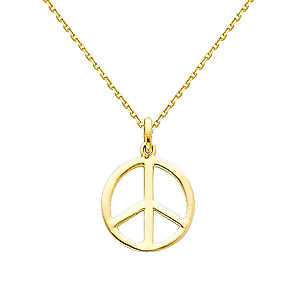The World Jewelry Center 14k REAL Yellow Gold Peace Sign Pendant with 0.9mm Cable Chain Necklace - 16"