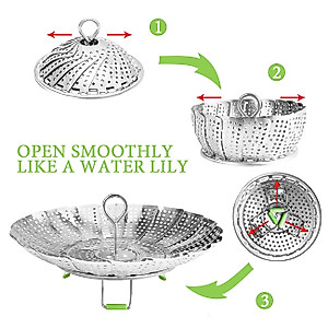 Steamer Basket Stainless Steel Vegetable Basket Metal Handle Folding Silicone Feet Steamer Insert for Cooking Veggies Fish Seafood Include Safety Tool,Fit Various Pot Pressure Cooker (7" to 11")