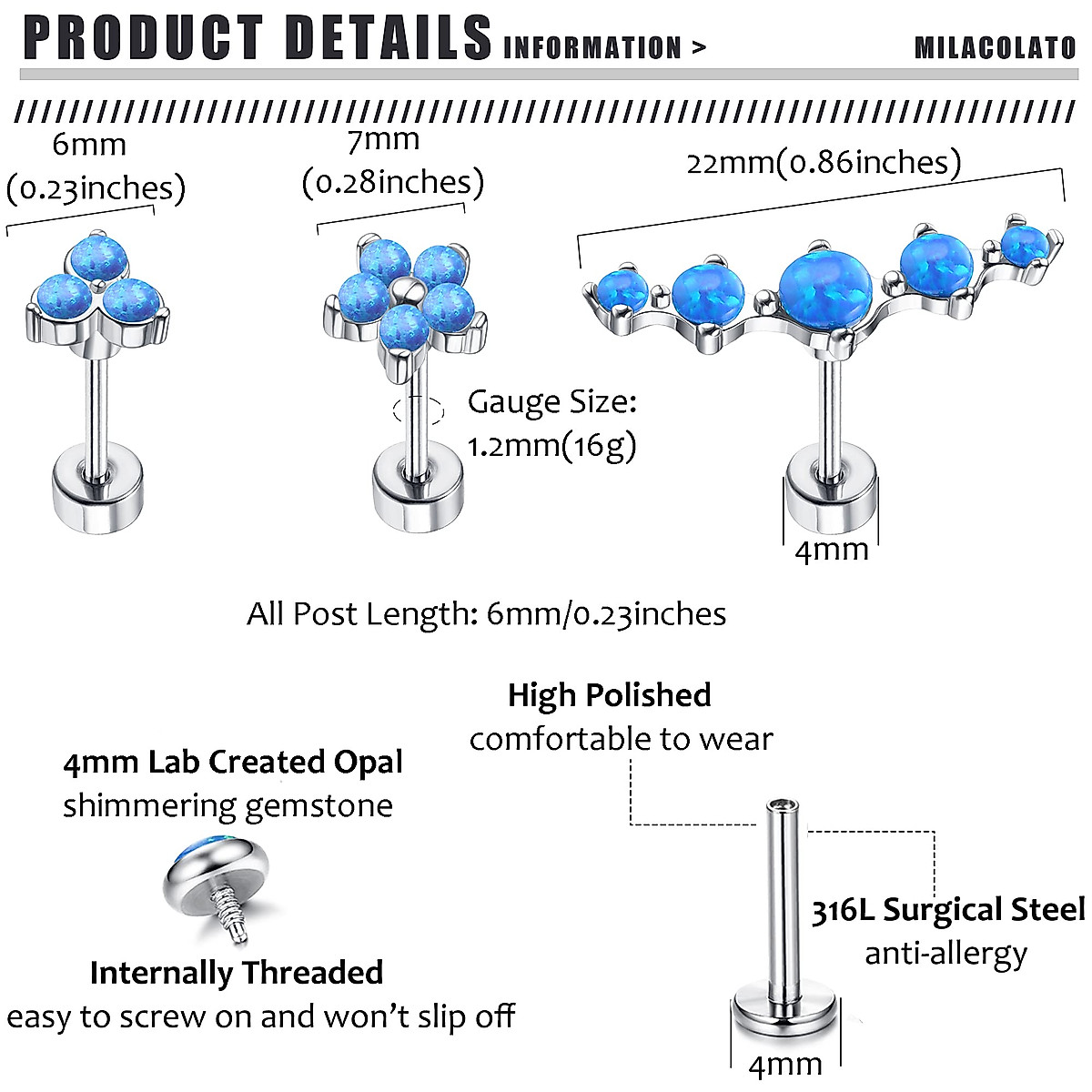 MILACOLATO 6 Pcs 16G Opal Cartilage Earrings for Women 316L Surgical Steel Daith Conch Medusa Cartilage Piercing Jewelry Helix Tragus Stud Earrings Forward Helix Piercing Jewelry, Blue Opal