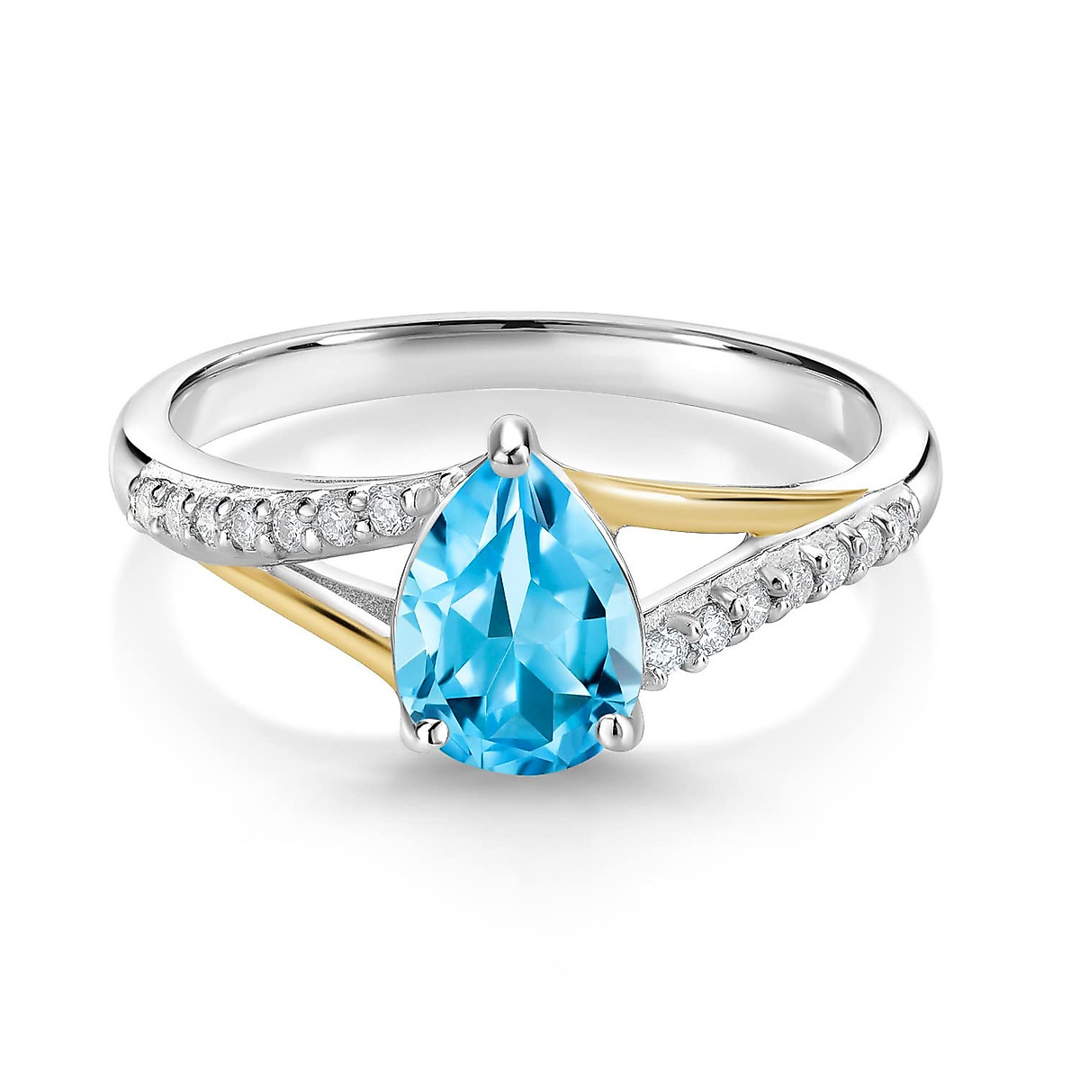 Gem Stone King 925 Silver and 10K Yellow Gold 8X6MM Pear Shape Gemstone Birthstone and White Lab Grown Diamond Engagement Ring For Women | Available In Size 5, 6, 7, 8, 9