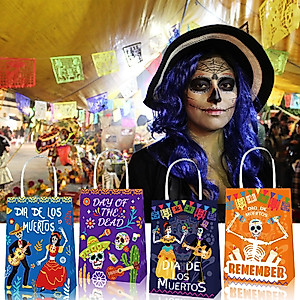 YVAINE 12 Pieces Day of The Dead Gift Bags with Handle Dia De Los Muertos Paper Party Favor Bags Sugar Skull Paper Bag for Halloween Birthday Party Decoration Mexican Fiesta Party Supplies