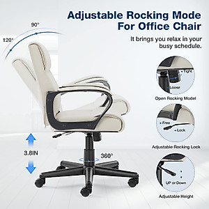 Executive Office Chair Computer Desk Chair with Padded Armrests, Ergonomic Chair Mid Back Lumbar Support and Adjustable Height & Tilt Angle Home Office Desk Chairs PU Leather Swivel Chair, Cream