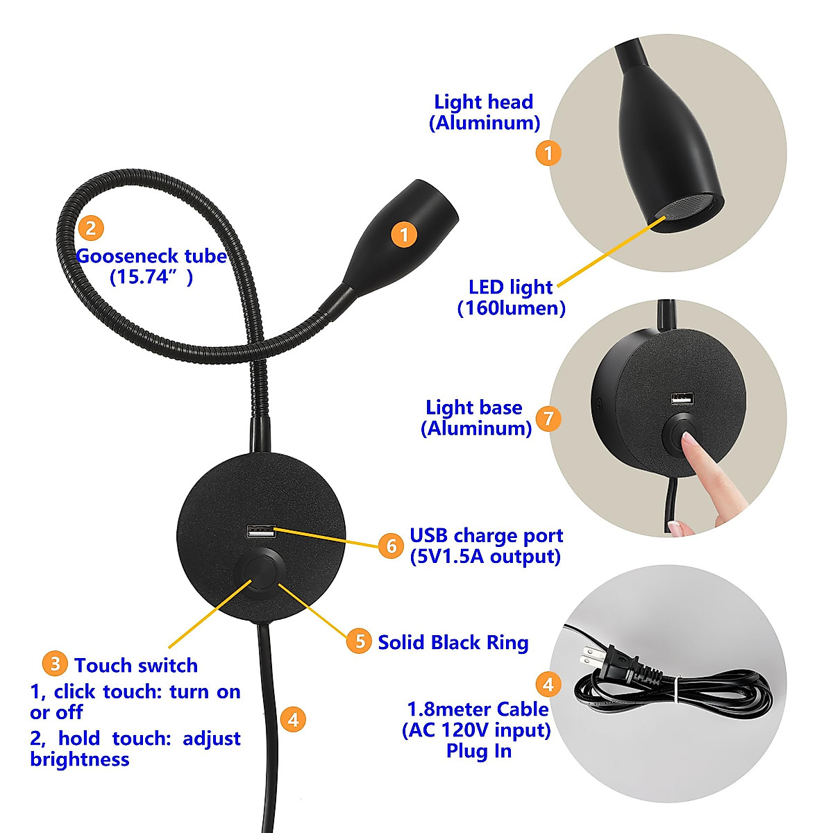 CRISETEK Reading Light Wall Mounted Reading Light headboard Touch Switch Dimmable Reading Lamp Task Directional LED Gooseneck Light AC (120V) Plug in Cable Powered 3W (Matte Black, Warm White)