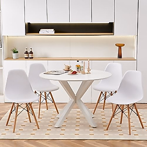 Modern Round Dining Table for 4, White Kitchen Tables MDF Top with X-Shaped Metal Legs, Small Space-Friendly Kitchen Table, Dining Room or Office, 42-Inch
