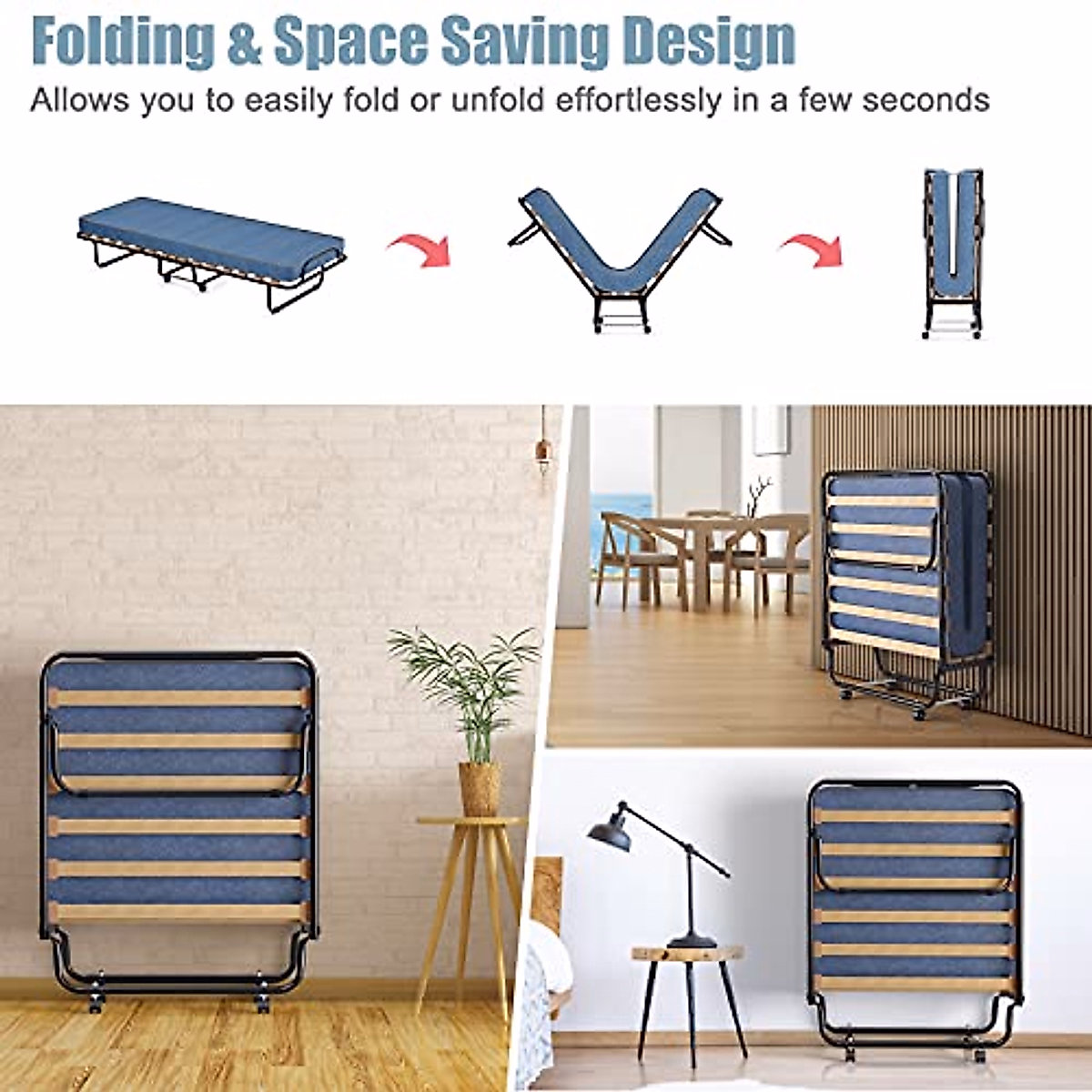 KOMFOTT Rollaway Bed with 4” Mattress, Folding Bed with Memory Foam Mattress for Adults, Portable Guest Bed with Sturdy Steel Frame, Made in Italy