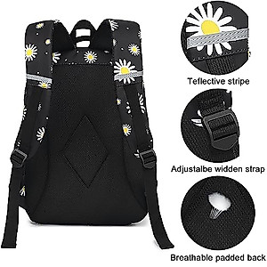 LEDAOU Backpack for Teen Girls School Bags Kids Bookbags Set School Backpack with Lunch Box and Pencil Case (White Daisies Black)
