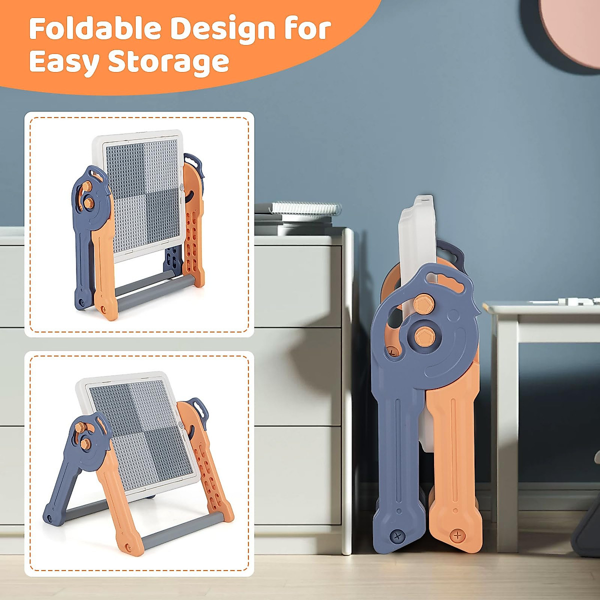 Costzon 6-in-1 Kids Table & Chair Set, Folding Art Easel w/Markers, Eraser, 102 Pcs Compatible Bricks, Reversible Building Block Tabletop, Storage Space & Baskets, Activity Table for Sand & Water