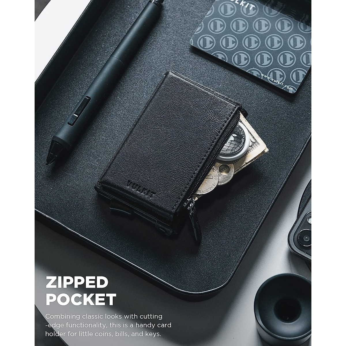 VULKIT Credit Card Holder with Leather Zipper Pocket Pop up wallet RFID Blocking Slim Metal Card Case for Men or Women(Black)