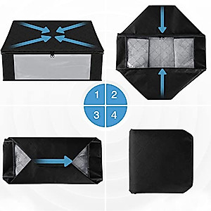 HomeHacks Storage 4-Pack Clothes Organizer Storage Bags Foldable Storage Box with Large Clear Window Sturdy Handles for Closet, Dorm, Pillows, Bedding, Clothes, Stuffed Toys, Blankets, 35L, Black
