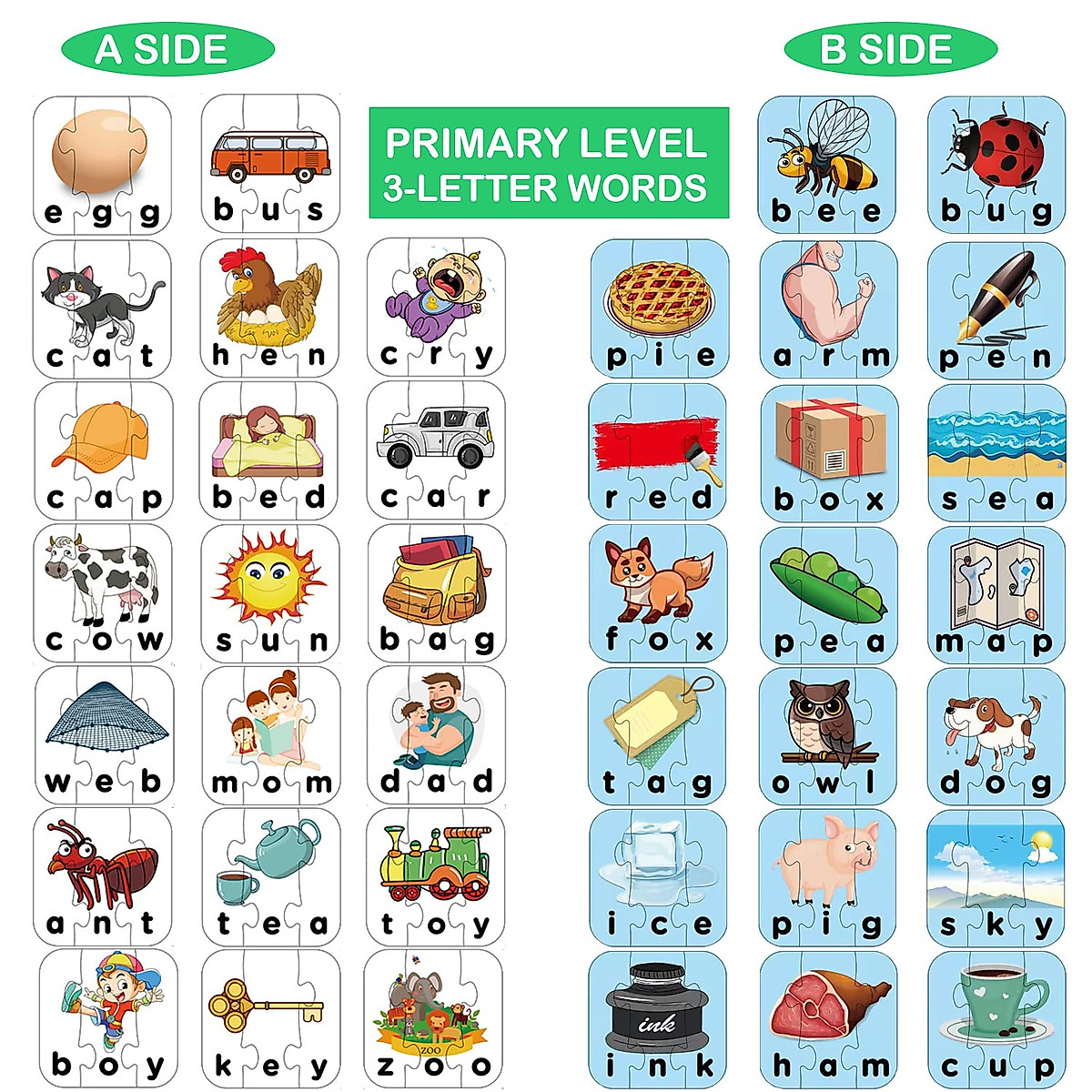 80 Words Self-Correcting Spelling Puzzles, Double-Sided Three and Four Letter Words with Matching Images, Perfect for Preschool Learning