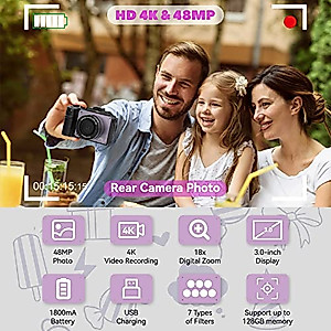 OIEXI 48MP Camera for Photography,4K Digital Camera for Kids and Adults with Front and Rear Dual Cameras,18X Digital Zoom,Built-in 7 Color Filters,32GB TF Card,Rechargeable Battery(Lilac Violet)
