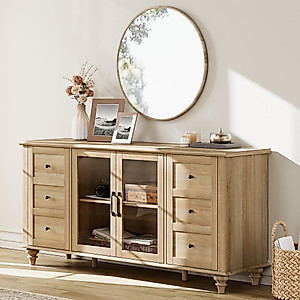 FITUEYES Sideboard Buffet Cabinets with Glass Door, Kitchen Storage Cabinets, Wood Coffee Bar Tables, Accent Sideboard Storage Cabinet Table Dining Room, Living Room,Oak