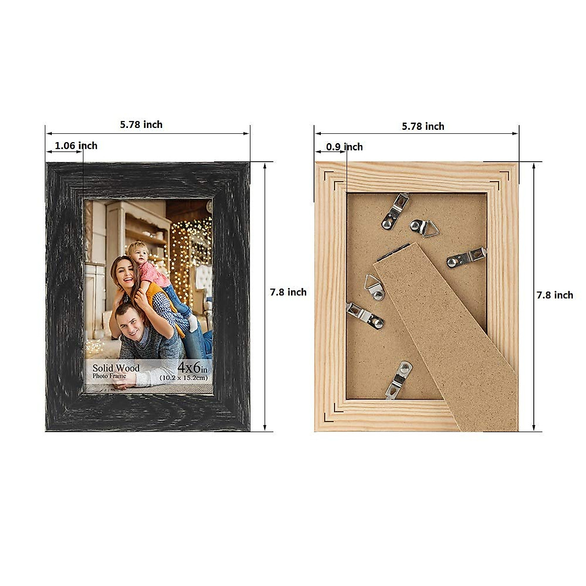 4x6 Picture Frame, Natural Solid Wood 4 by 6 Picture Frame for Tabletop or Wall Display Real Glass Rustic Black (2 Pack)