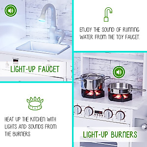 Lil' Jumbl Kids Kitchen Set, Pretend Wooden Play Kitchen, Battery Operated Icemaker, Burners, Faucet & Microwave Makes Realistic Sound & Light, Pots & Pan Included - White