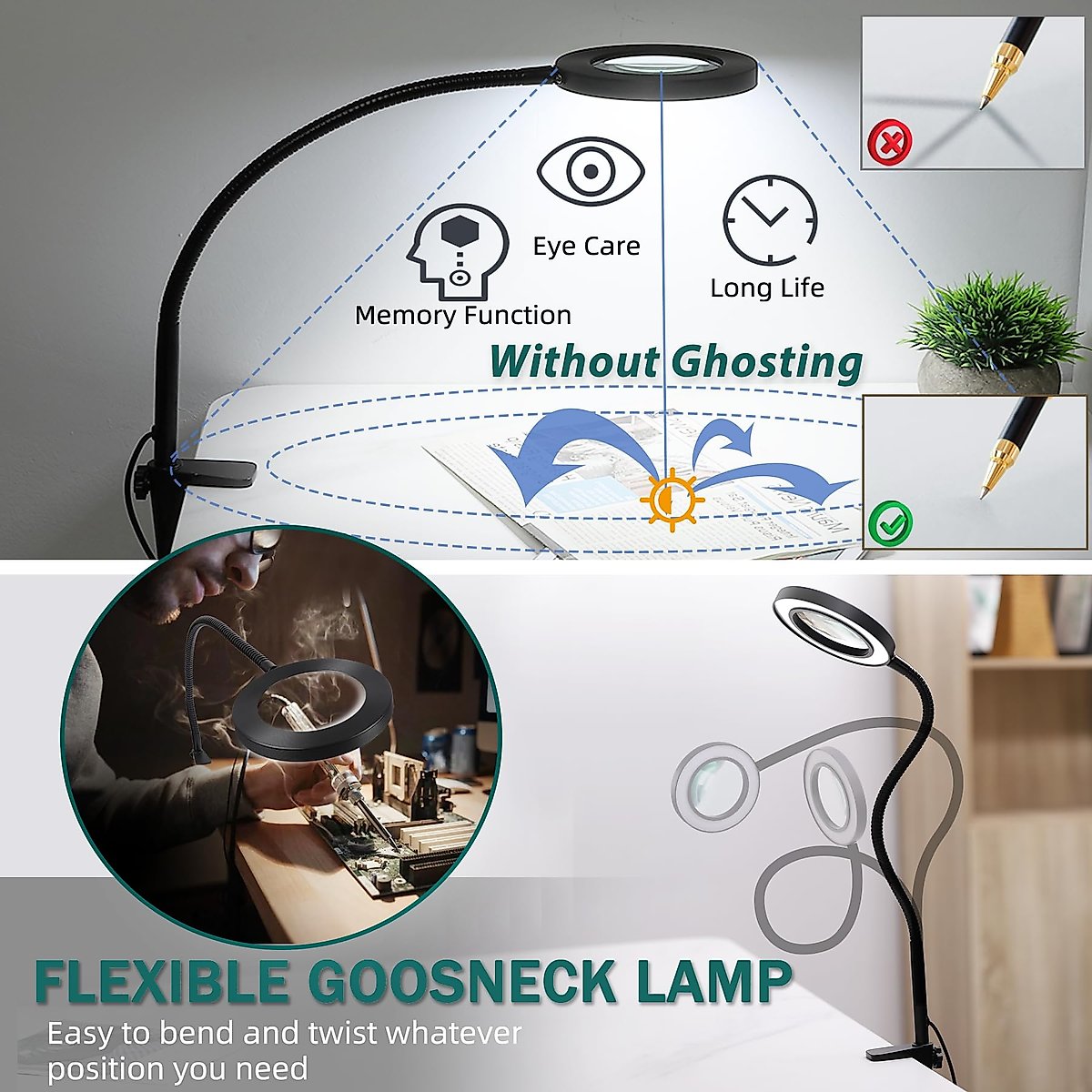 Tobegiga 10X Magnifying Glass with Light and Stand, 2-in-1 Flexible Gooseneck Magnifying Desk Lamp with Clamp, 3 Color Modes Stepless Dimmable LED Lighted Magnifier Hands Free for Craft Painting Hobby