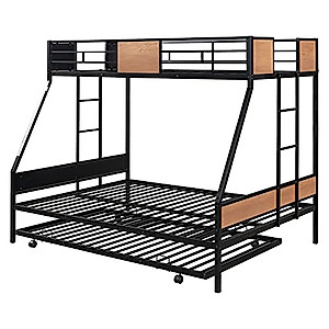 MOEO Twin Over Full Metal Bunk Bed with Trundle for Kids, Steel Bedframe w/Two Ladders, Guard Rail, Bedroom Furniture, No Spring Box Required, Black