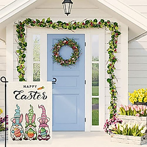 YOVOYOA Happy Easter Rabbit Bunny Gnomes Garden Flag 12.5 x 18 Inch Double Sided Welcome Pees Easter Eggs Flag, Easter Farmhouse Decor