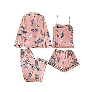 LYANER Women's Pajamas Set 4pcs Satin Silk Cami Top Button Down Loungewear Pjs Set Pink Small
