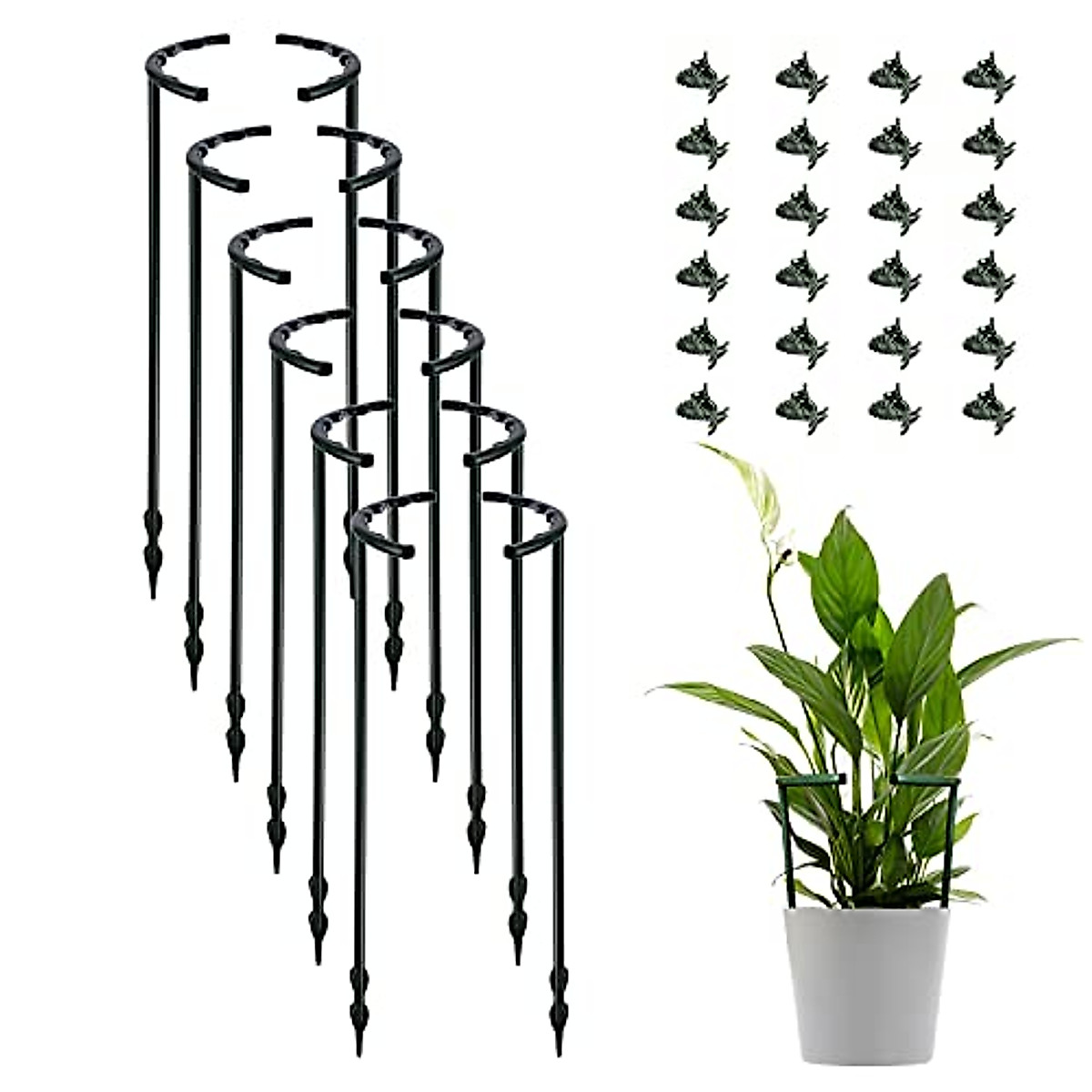 12 Pack Plant Support Plant Stakes with 24 Pcs Plant Clips, Half Round Plant Support Ring Plastic Plant Cage Holder Flower Pot Climbing Trellis for Small Plant Flower Vegetable,Indoor Plants