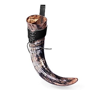Norse Tradesman 20" Authentic Ox-Horn Viking Drinking Horn with Genuine Black Leather Belt Holster | Burlap Gift Sack Included | The Journeyman, Low-Polish, 20-Inch