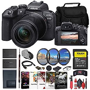 Canon EOS R10 Mirrorless Camera with 18-150mm Lens (5331C016) + Sony 64GB Tough SD Card + Filter Kit + Wide Angle Lens + Telephoto Lens + Color Filter Kit + Lens Hood + Bag + Charger + More (Renewed)
