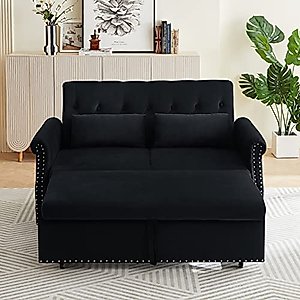 Goohome 55'' Velvet Pull Out Sleeper Sofa, Convertible Futon Couch Bed W/Adjustable Backrests, 3 in 1 Tufted Loveseat with Retro Rivet and 2 Lumbar Pillows, Small Love Seat for Living Room, Black