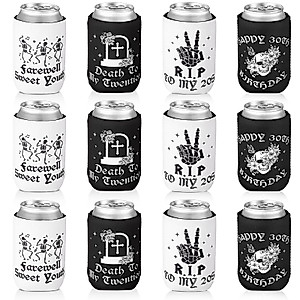 16PCS Gothic 30th Birthday Party Can Sleeves Death to My 20s Can Cooler Party Supplies RIP Cheer Youth Bachelorette Beverage Sleeves Favor for Birthday Bachelorette Party Halloween Party Decorations