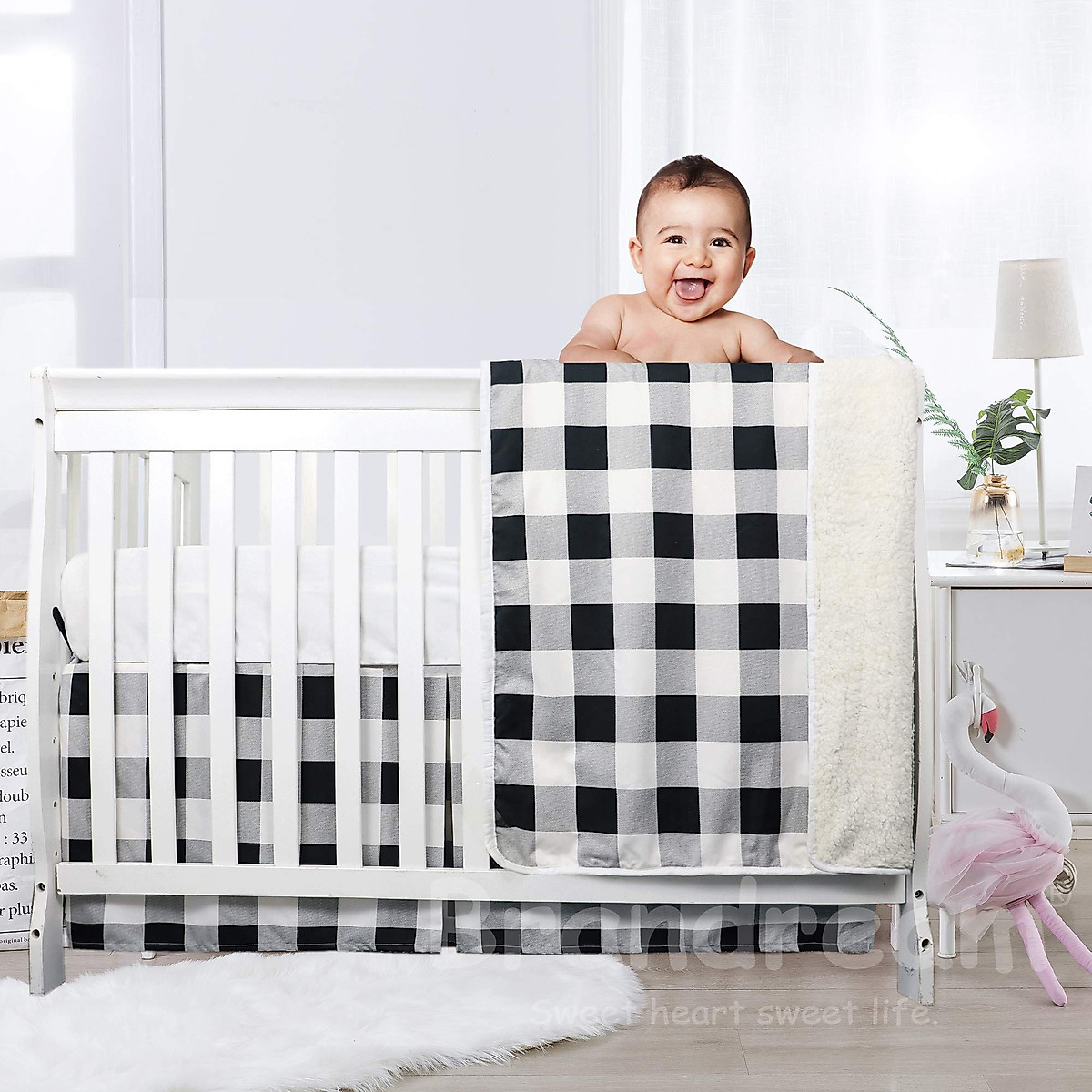 Brandream White Black Nursery Bedding Buffalo Plaid Neutral Baby Bedding 3 Piece Patchwork Blanket Set, Fitted Sheet, Crib Skirt