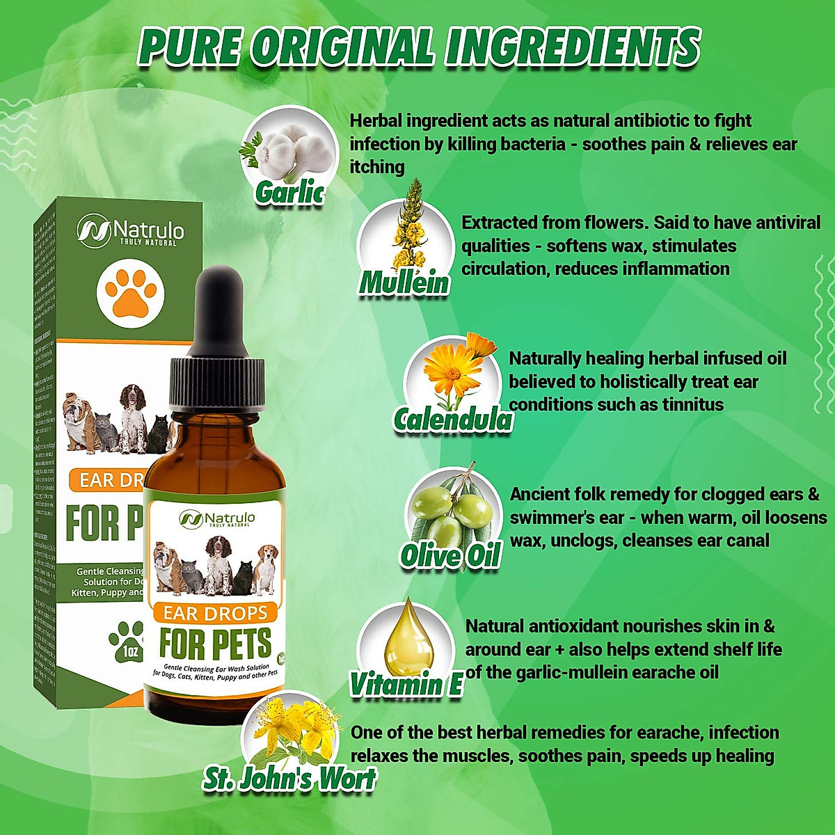 Natural Ear Cleaner for Dogs, Cats, Kitten, Puppy – Gentle Cleansing Ear Wash Solution Mite Infection & Yeast Treatment for Pets – Drying, Healing Medicinal Ear Cleaning Drops Made in USA