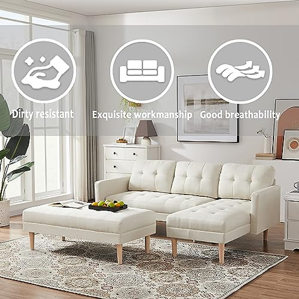 TAIGR Sectional Sleeper Sofa, Pull Out Couch Bed with Storage Chaise, Convertible L Shaped Couch for Living Room, Small Space, Apartment, Beige