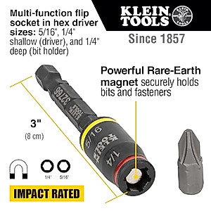 Klein Tools 32766 Impact Driver, 3-in-1 Impact Flip Socket and Bit Holder, 1 /4-Inch and 5/16-Inch Hex Drivers, 3-Inch Length