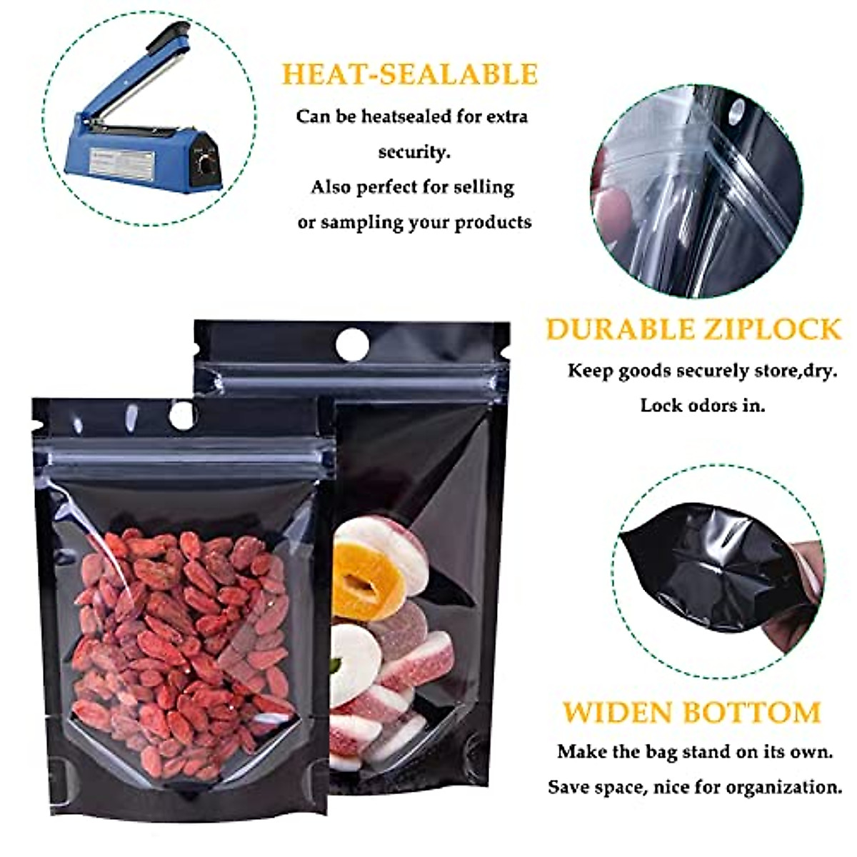 200PCS Black Mylar Bags For Food Storage Stand Up Packaging Bags For Small Business Resealable Sample bags 2 Sizes Foil Small Ziplock Bags with window