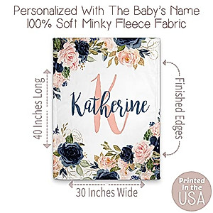 Navy and Blush Floral Personalized Baby Blanket with Name-Custom Baby Blankets for Girls- Personalized Baby Girl Shower Gifts - Personalized Baby Blankets for Girls with Name Blush