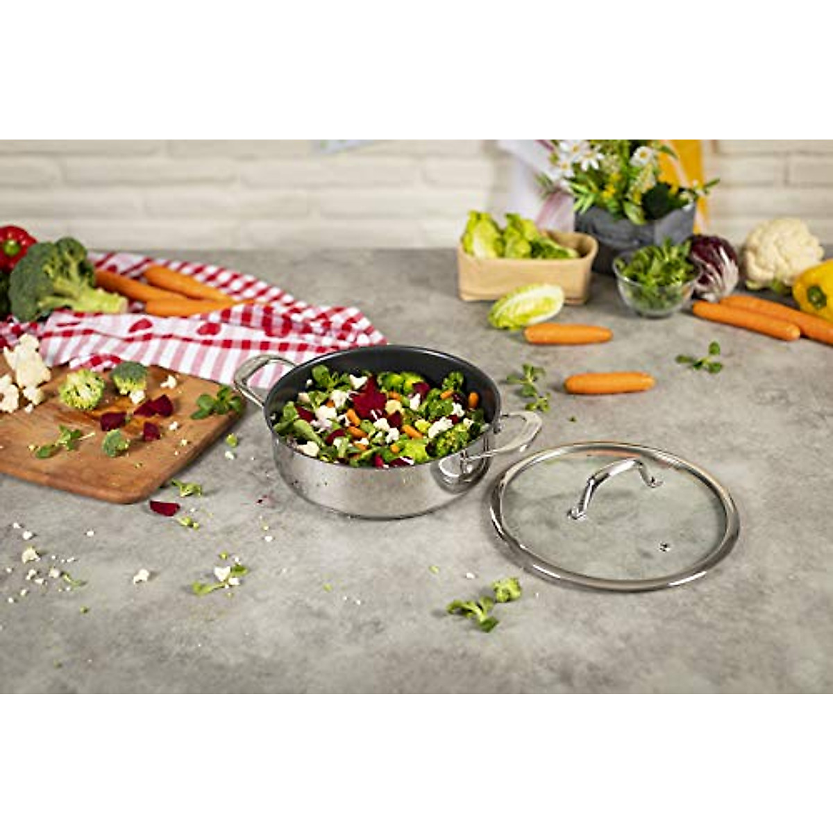 KUHN RIKON Allround Oven-Safe Induction Non-Stick Serving Pan with Glass Lid, 28 cm, Stainless Steel, Silver