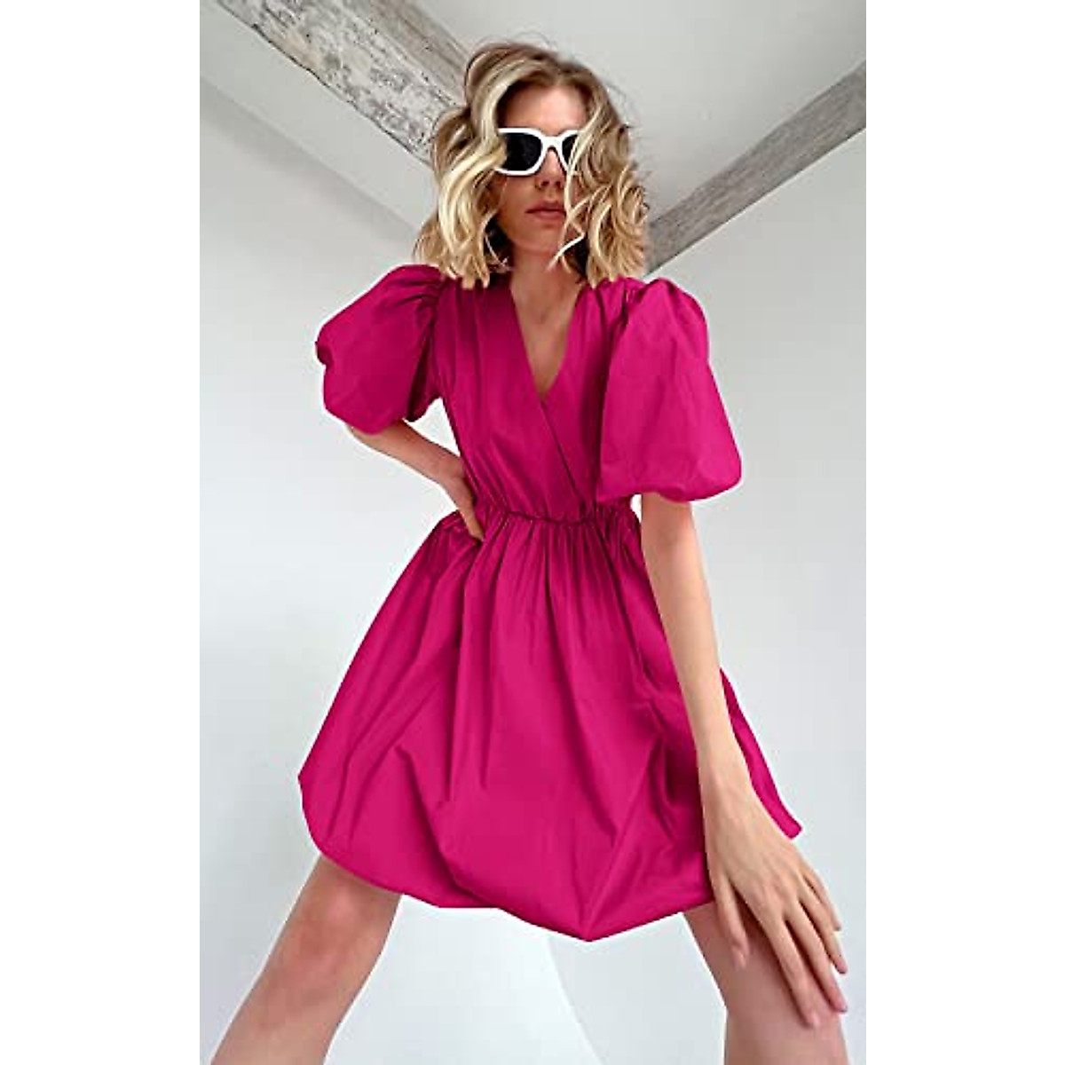 PRETTYGARDEN Women's Summer Puff Sleeve Short Mini Dress Flowy Ruffle V Neck A Line Wrap Dresses (Rose Red,Small)