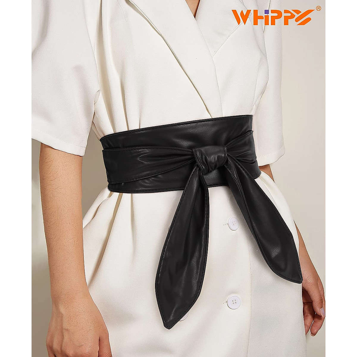 WHIPPY Women Obi Belt Fashion Wrap Around Wide Waistband Knotted Cinch Belt for Dress, Black, L