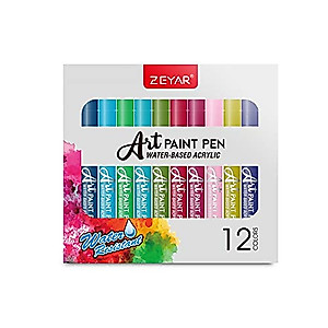 ZEYAR Acrylic Paint Pens, Extra Fine Point, AP Certified, 12 Colors, Water Based, Permanent & Waterproof Ink, Works on Rock, Wood, Glass, Metal, Ceramic and Non porous Surfaces (12 Colors)