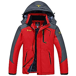 JINSHI Men's Snow Jacket Waterproof Ski Jackets Winter Hooded Mountain Fleece Jacket (Red,M)
