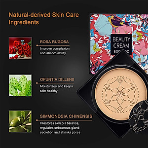 NUIBO Mushroom Head Air Cushion CC Cream Foundation, Moisturizing BB Cream, Long Lasting Matte Concealer with 2PCS Mushroom Head Sponges (Natural)