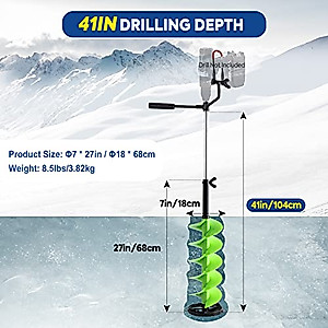Goture Ice Drill Auger, 7" Diameter Nylon Ice Auger, 41" Length Ice Auger Bit,Auger Drill with 19.6" Extension Rod,Auger Bit with Ice Spoon,Handbag for Ice Fishing