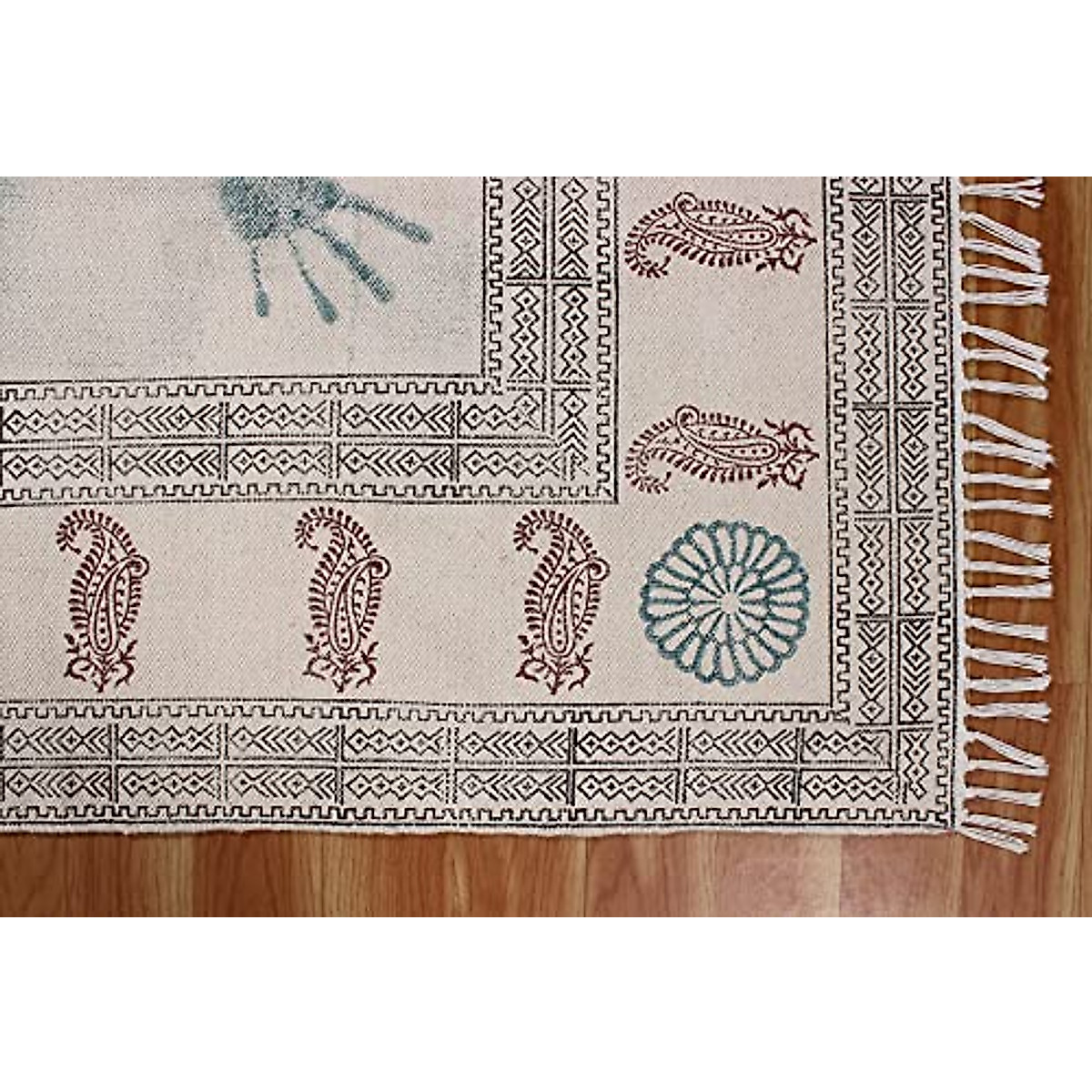 Casavani Hand Block Printed Cotton Dhurrie Bordered Blue & Brown Area Rug Doormat Floor Rug Indoor Area Rugs for Bedroom Living Room Laundry Room 6x8 Feet