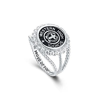 PJM Customized Sterling Silver Ladies High School and College Class Ring – Brilliant Signet Collection – Mementos Jewelry (Sterling Silver - Platinium)