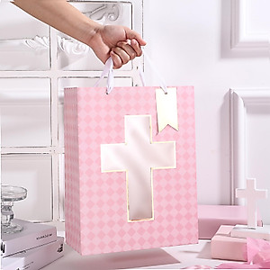 Loveinside Gift Bag with Pink Diamond and Cross Design, Tissue Paper for Baby Girl Baptisms, Christenings, First Communions Religious Occasion - 10" x 5" x 13", 1 Pcs